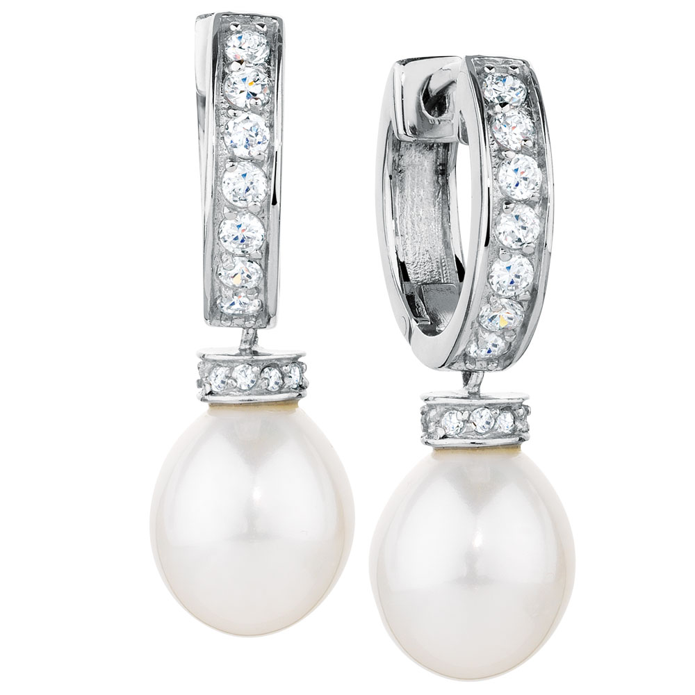 Drop Earrings With Cultured Freshwater Pearl And Cubic Zirconia In